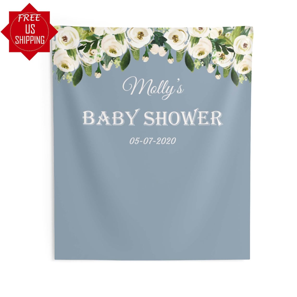 Dusty Blue Backdrop /baby Shower Backdrop / White Floral - Etsy