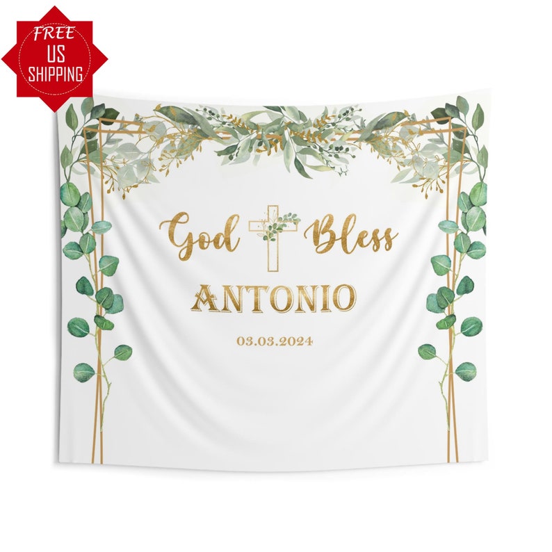 God Bless Backdrop Personalized Baptism Banner Christening Decoration ...