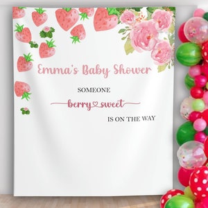 Strawberry Baby Shower Backdrop Pink Berry Sweet Baby Shower Banner ...