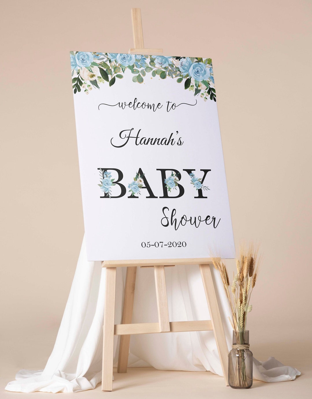 Blue Floral Boy Baby Shower Welcome Sign Foamboard Custom Baby Shower ...