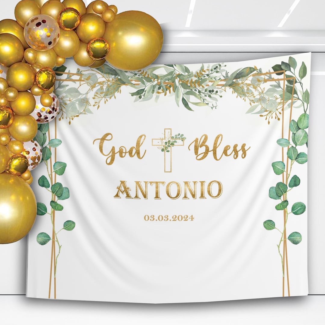 God Bless Backdrop Personalized Baptism Banner Christening Decoration ...