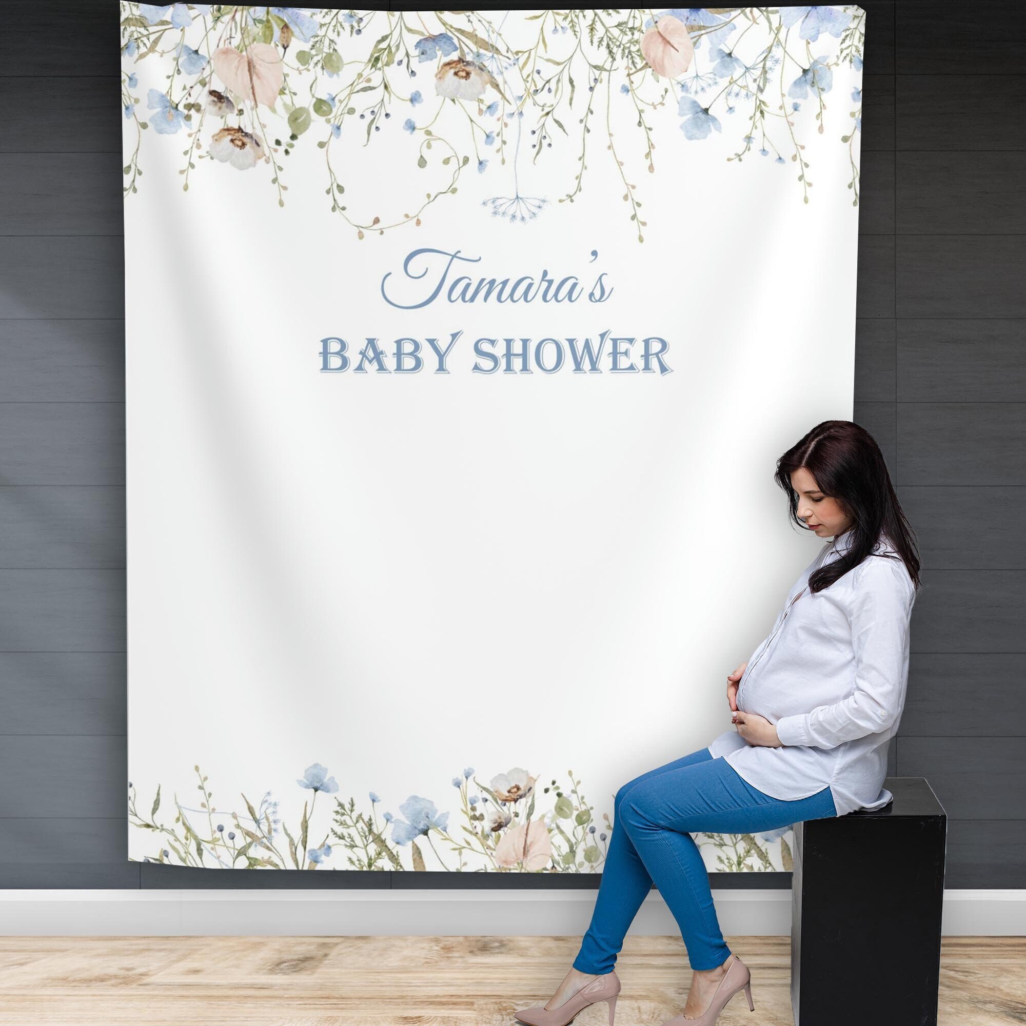 Blue Wildflower Baby Shower Backdrop Custom Dusty Blue Floral Shower ...