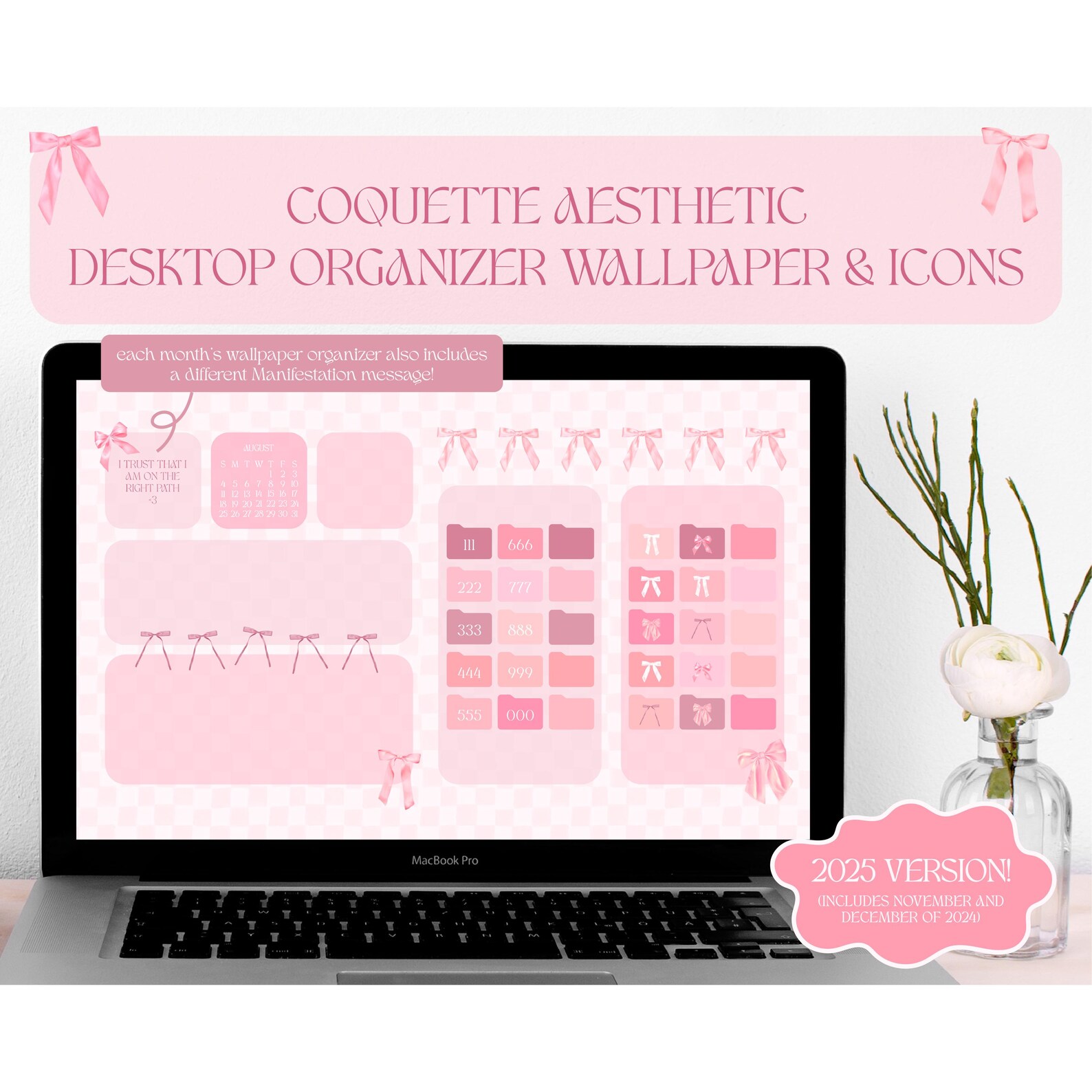 2025 Coquette Pink Bow Desktop Organizer Wallpaper With Folder Icons ...