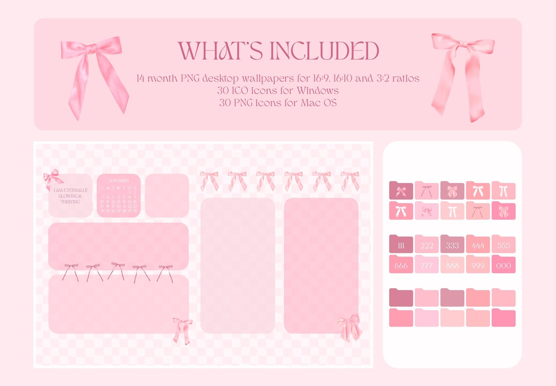 2025 Coquette Pink Bow Desktop Organizer Wallpaper With Folder Icons ...
