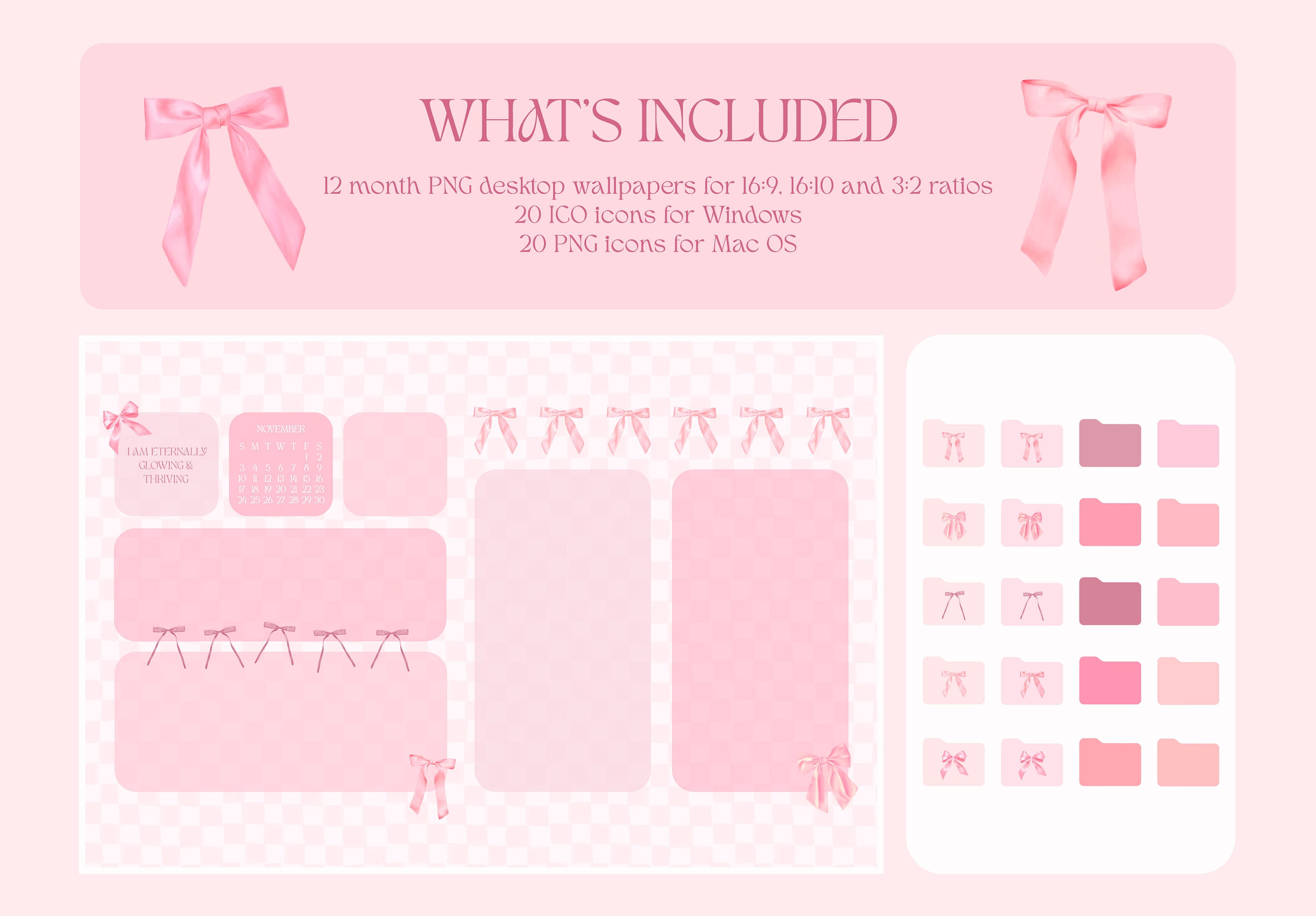 Coquette Pink Bow Desktop Organizer Wallpaper 2024 With Folder Icons ...