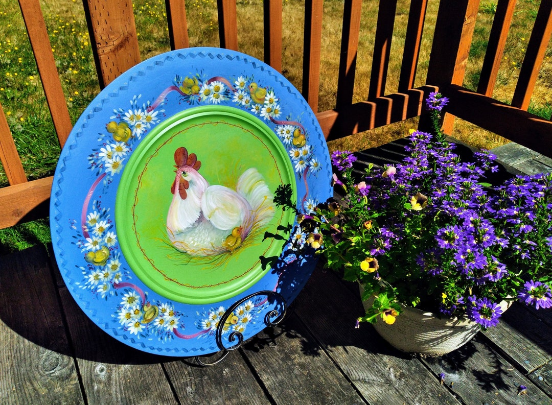 Hand Painted Folk Art Large Decorative Plate Chickens With Hen, Chicks ...