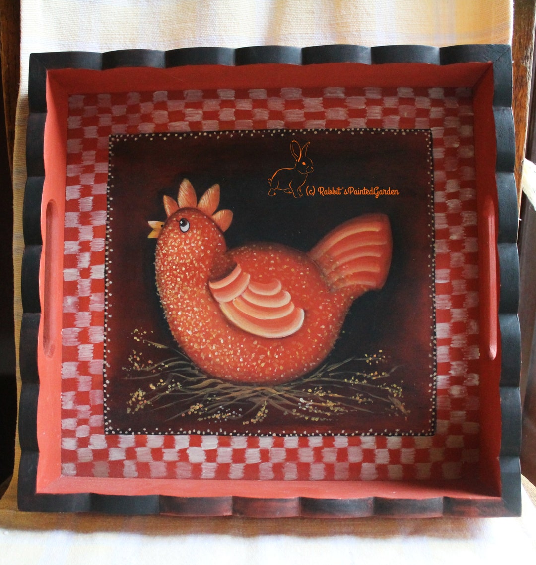 Folk Art Red Hen Tray / Checkered Chicken Tray / Hand Painted Tray ...