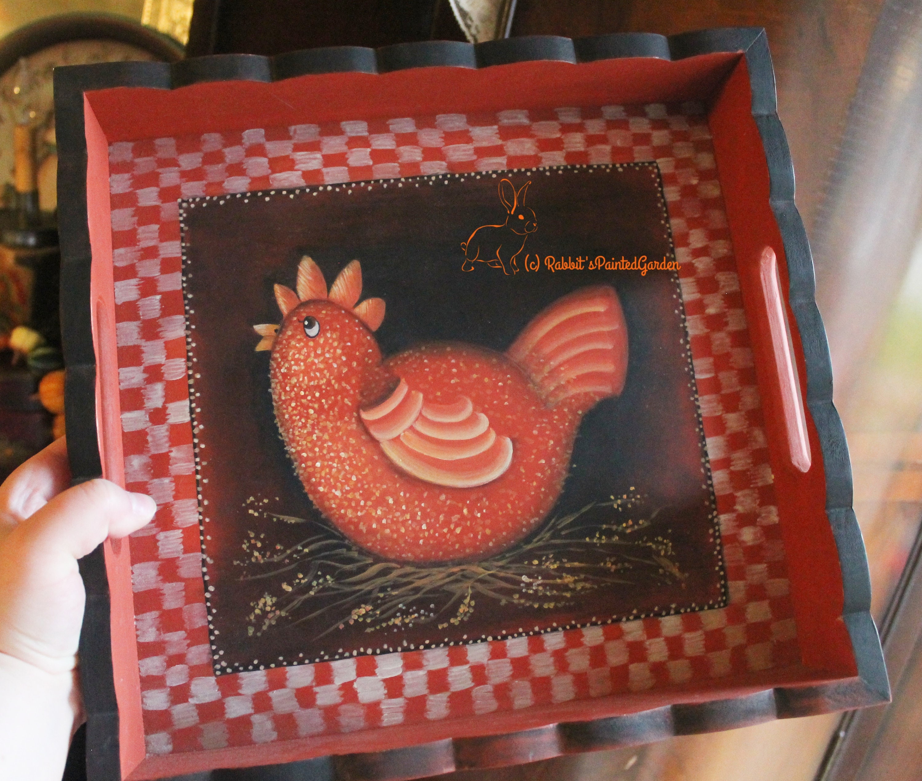 Folk Art Red Hen Tray / Checkered Chicken Tray / Hand Painted Tray ...