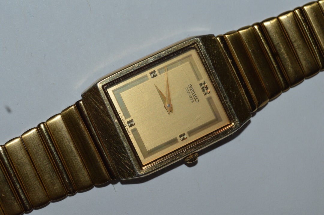 Seiko Watch 6530-5430 Quartz Gents Rectangle 25mm Gold Dial Made in ...