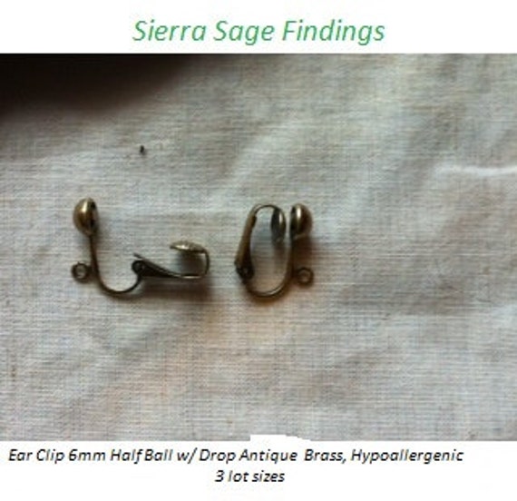 Ear Clip 6mm Half Ball w/ Drop Antique Brass Hypoallergenic