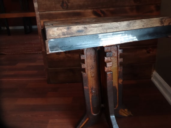 Tractor fork side table with antique rail car wood top | Etsy