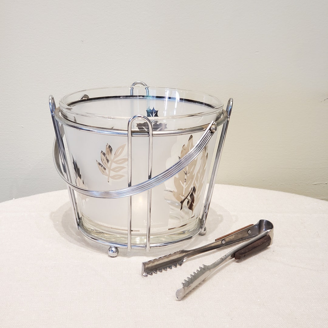 Vintage MCM Ice Bucket on Metal Stand and Serrated Tongs | Elegant Leaf ...