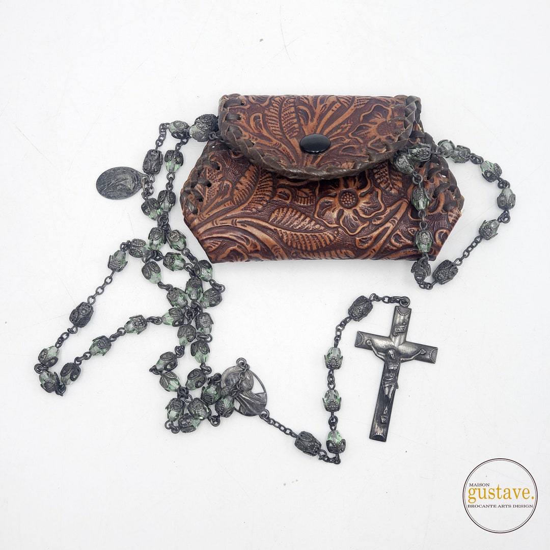 Sterling Silver Creed Prayer Rosary With Leather Case Old Emerald Green ...