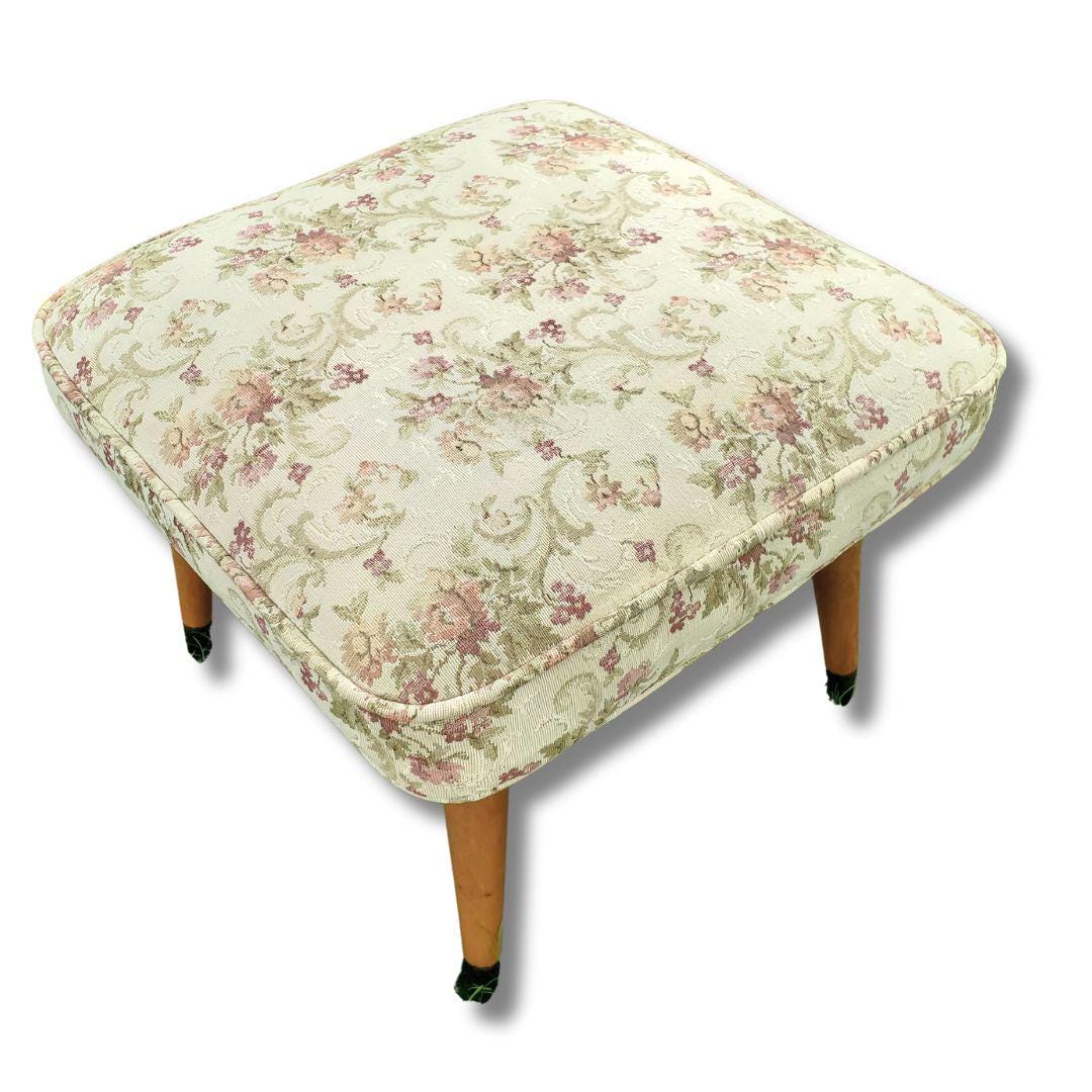 Vintage Upholstered Ottoman | Midcentury Modern Footstool on Wooden ...