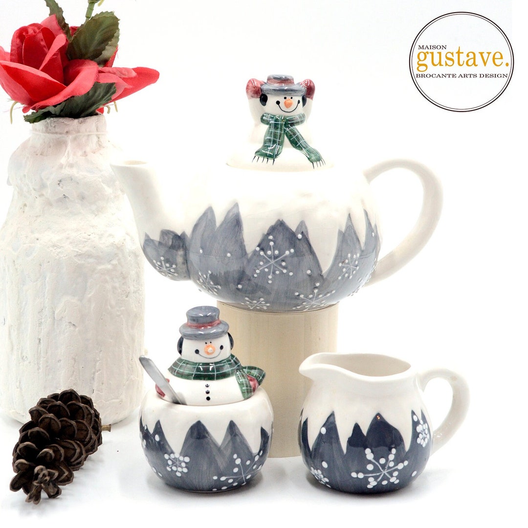 Ceramic Winter Tea Set Teapot, Sugar Bowl and Creamer With Snowman ...