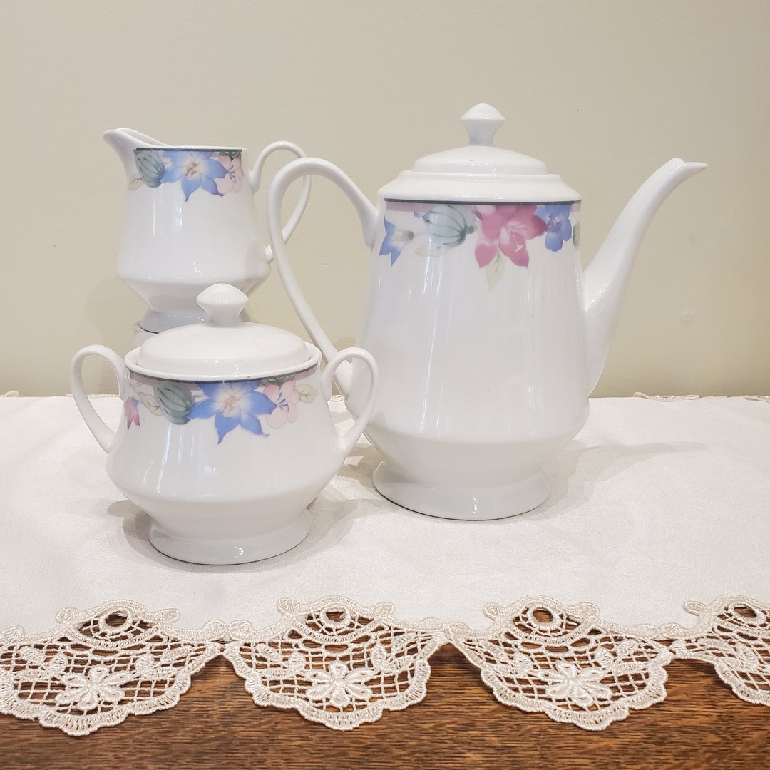 Vintage Floral Tea Set Gibson China 1980's Postmodern Teapot, Creamer ...