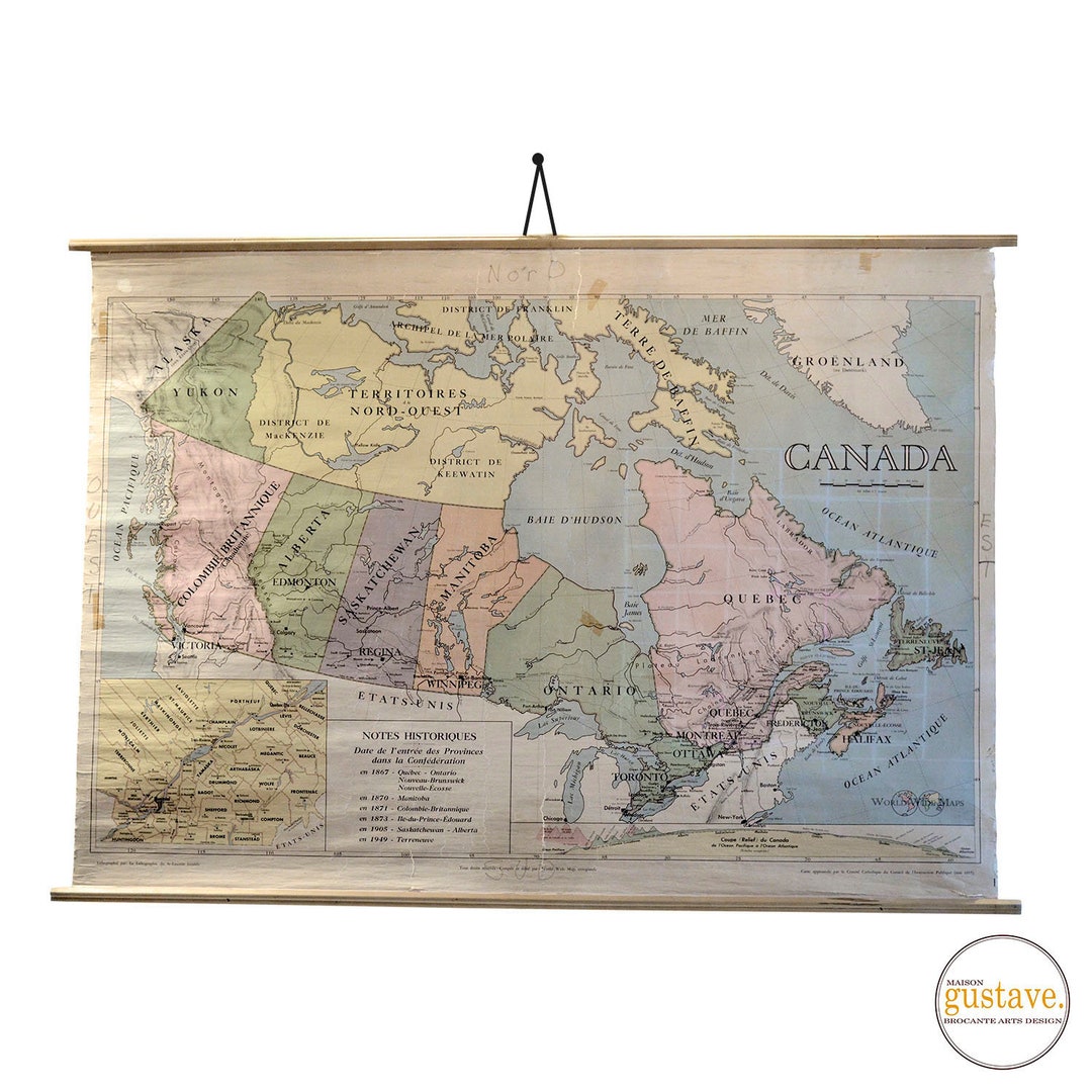 Large School Geographic Map of Canada 1955 Vintage Wall Atlas in Linen ...