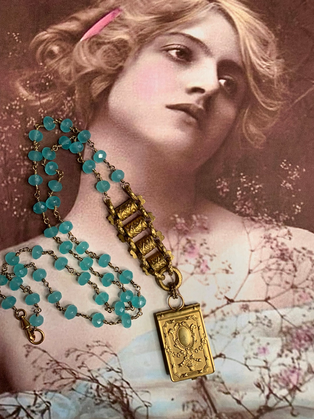 RESERVED FOR S Vintage French Eiffel Tower Photo Locket Necklace, Aqua ...