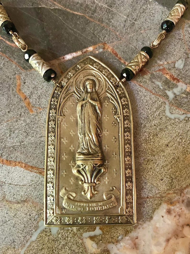 Vintage French Gold Virgin Mary Notre Dame Reliquary Necklace With ...