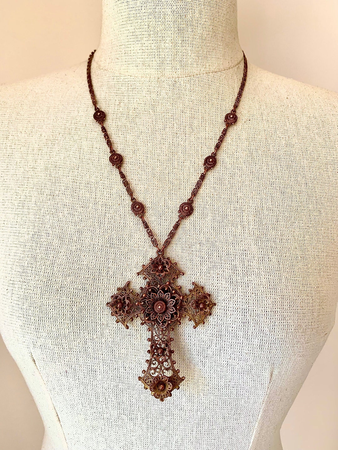 RESERVED FOR TERESA- Vintage Indo-craft Copper & Brass Filigree Cross ...