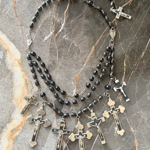 Vintage French Silver & Black Multi Cross Necklace-black Rosary Chain ...