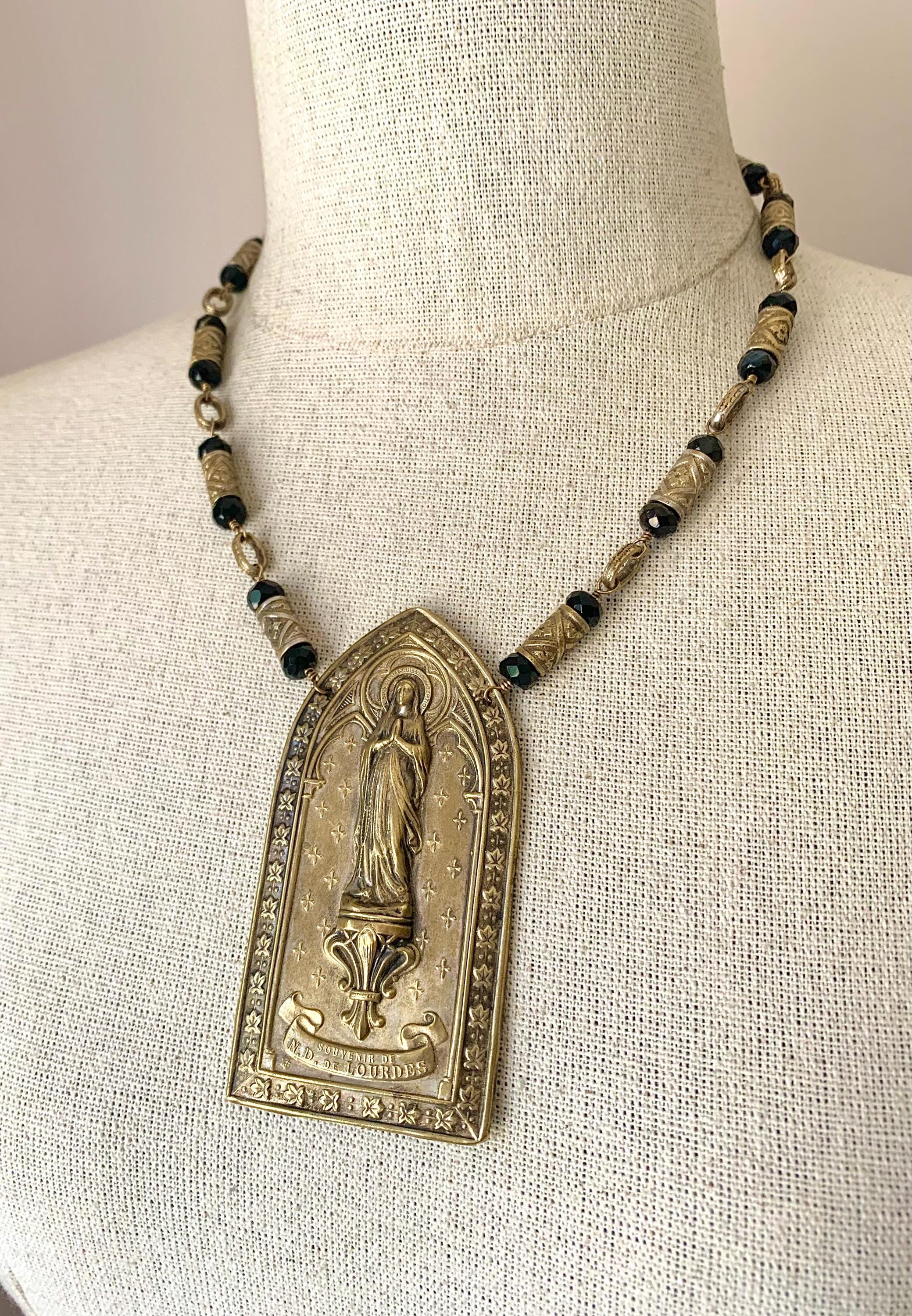Vintage French Gold Virgin Mary Notre Dame Reliquary Necklace With ...