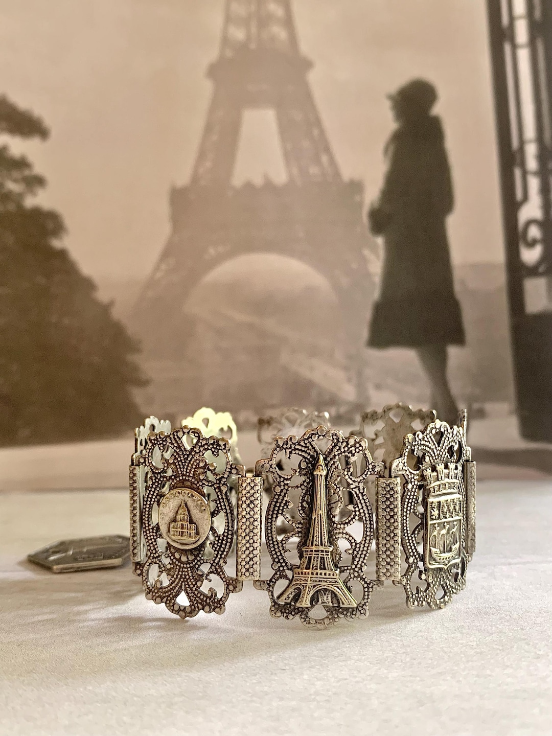 Vintage French 800 Silver Filigree Paris Landmark Souvenir Panel Link ...