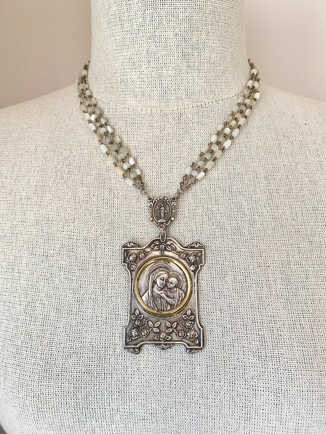 Vintage Mother of Pearl Rosary Chain Necklace With Silver Virgin Mary ...