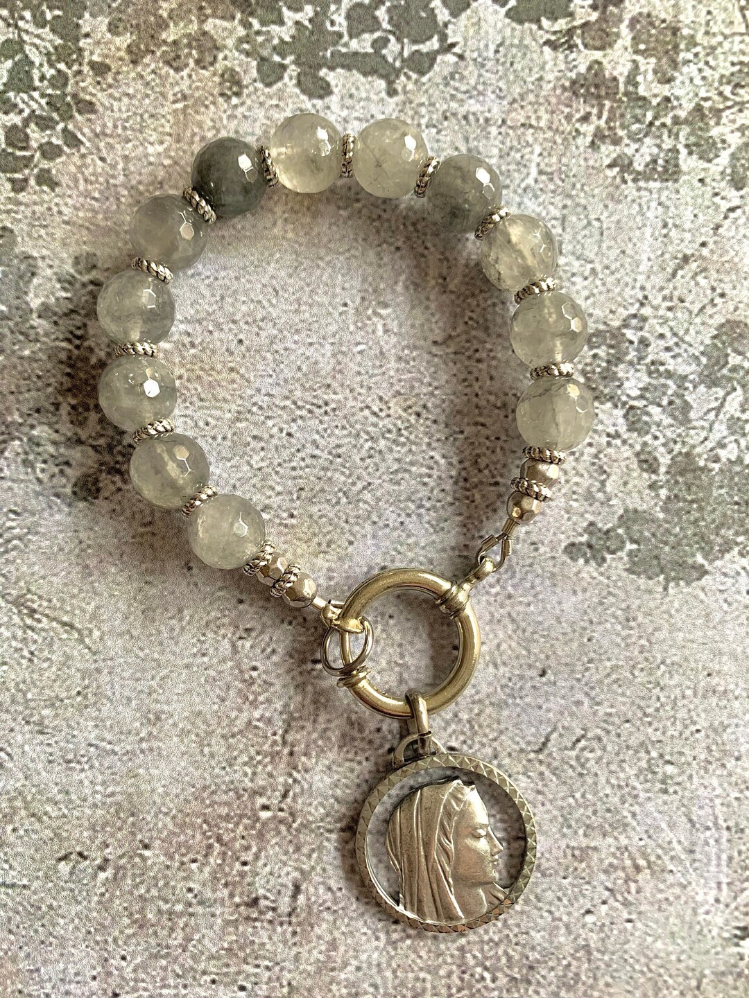 Faceted Grey Quartz Beaded Gemstone Bracelet With Vintage French Virgin ...