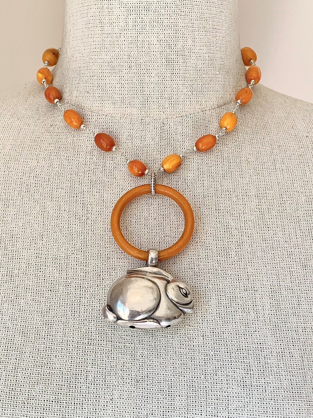 Vintage Sterling Puffy Bunny Baby Rattle Necklace With Bakelite Beads ...