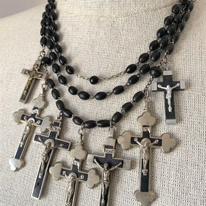 Vintage French Silver & Black Multi Cross Necklace-black Rosary Chain ...