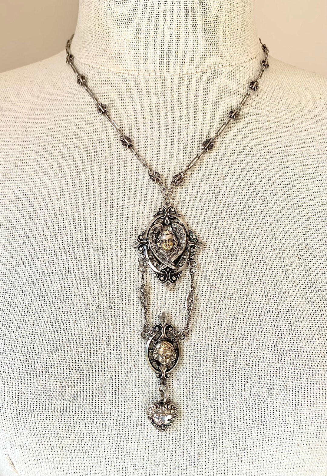 Vintage Victorian Sterling Silver Cherub Chatelaine Chain Necklace With ...