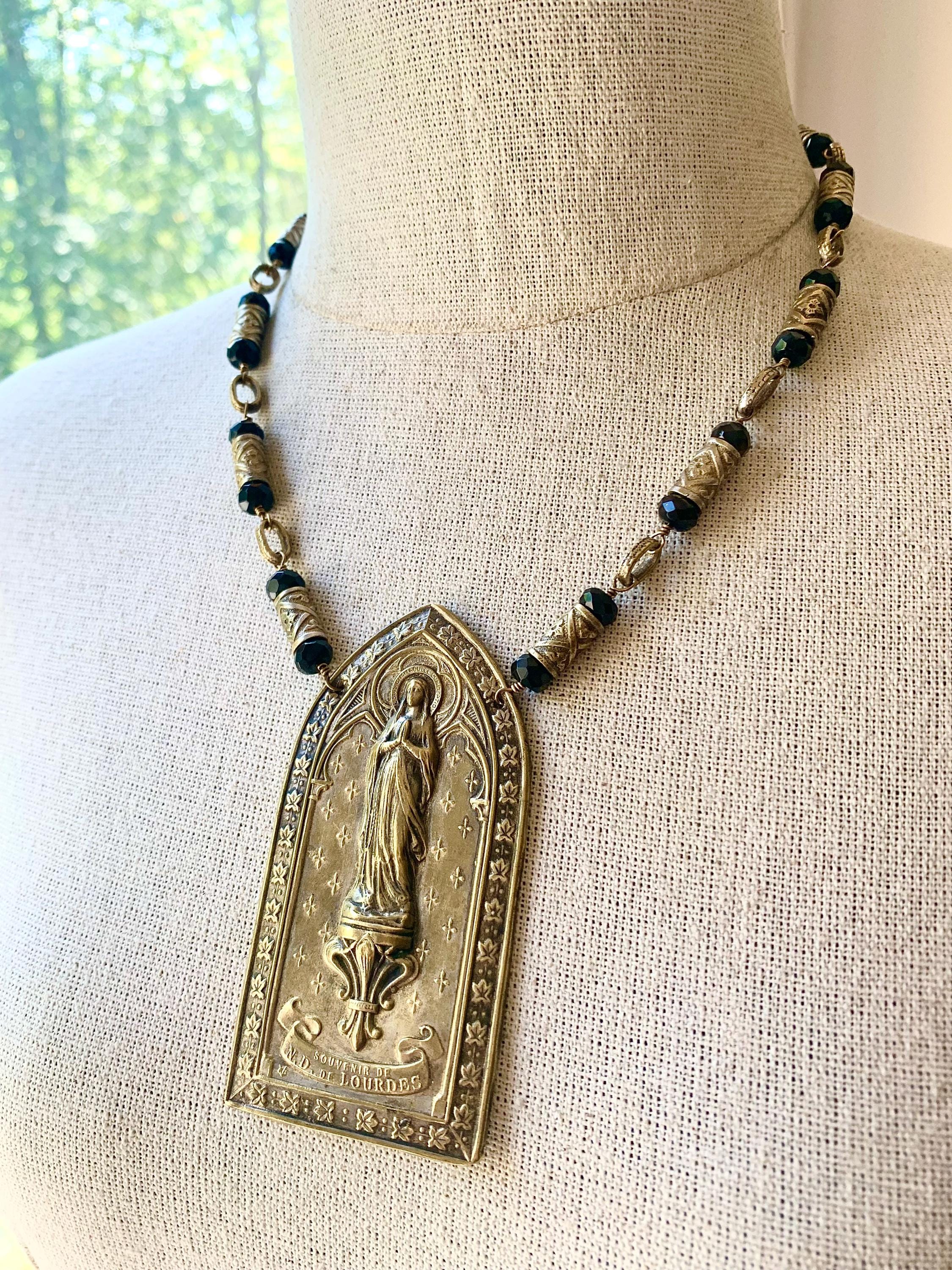 Vintage French Gold Virgin Mary Notre Dame Reliquary Necklace With ...