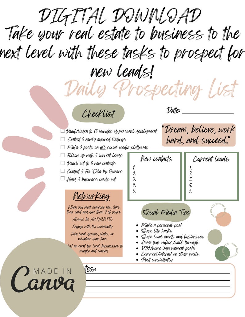 Daily Prospecting List for Real Estate Agents- Pink and Green Aesthetic ...