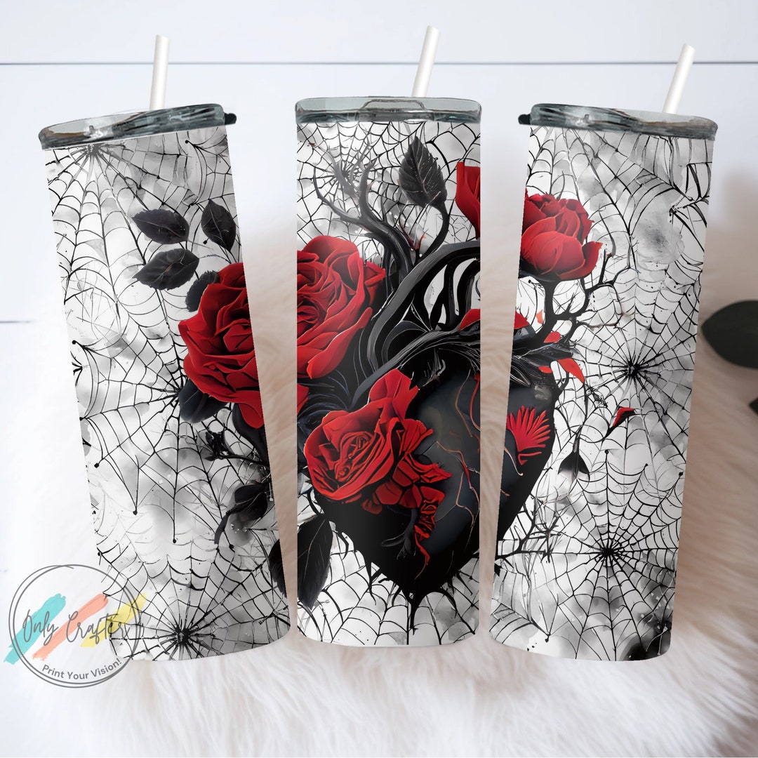 Black Heart & Red Roses Tumbler Spider Web Design, Insulated Stainless ...