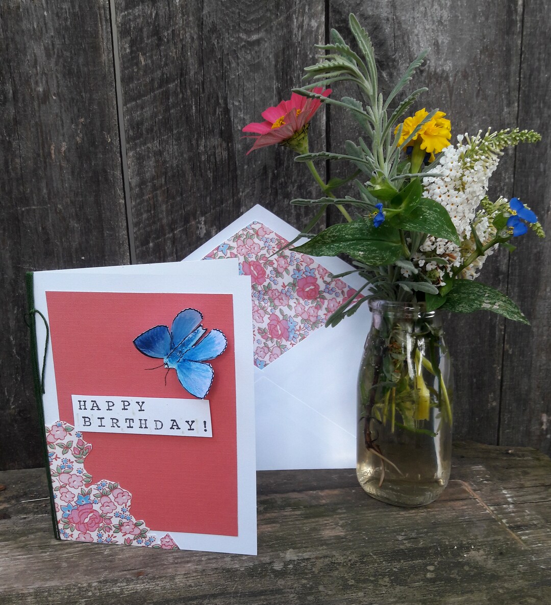 Handmade Happy Birthday Card: Vintage Fabric and 3D Butterfly ~ Matching Envelope ~ Blank Inside ...