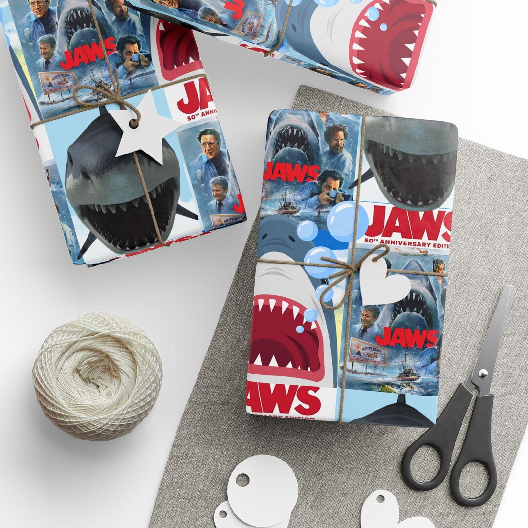 Jaws 50th Anniversary Shark Pattern Wrapping Paper | Blue Red Shark ...