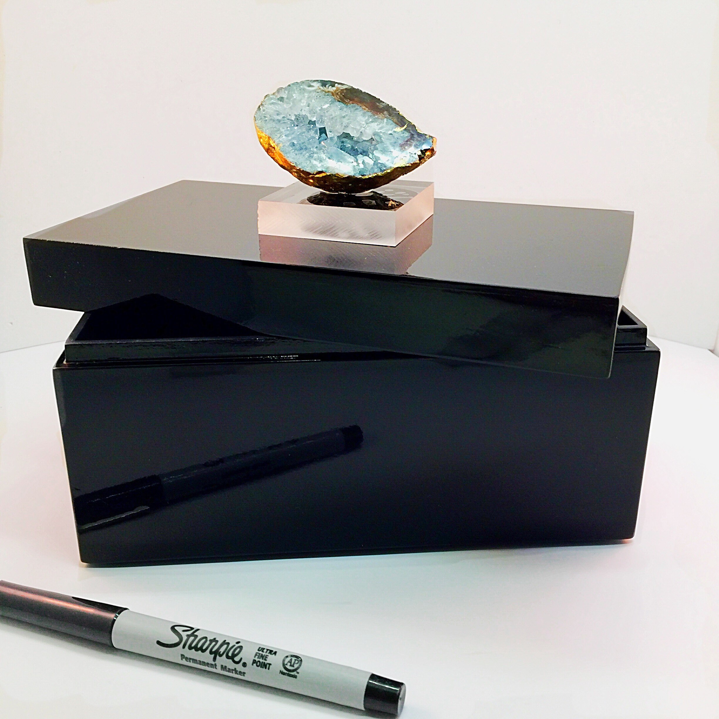 Large Black Lacquer Decorative Box with Blue Geode, gemstone storage ...