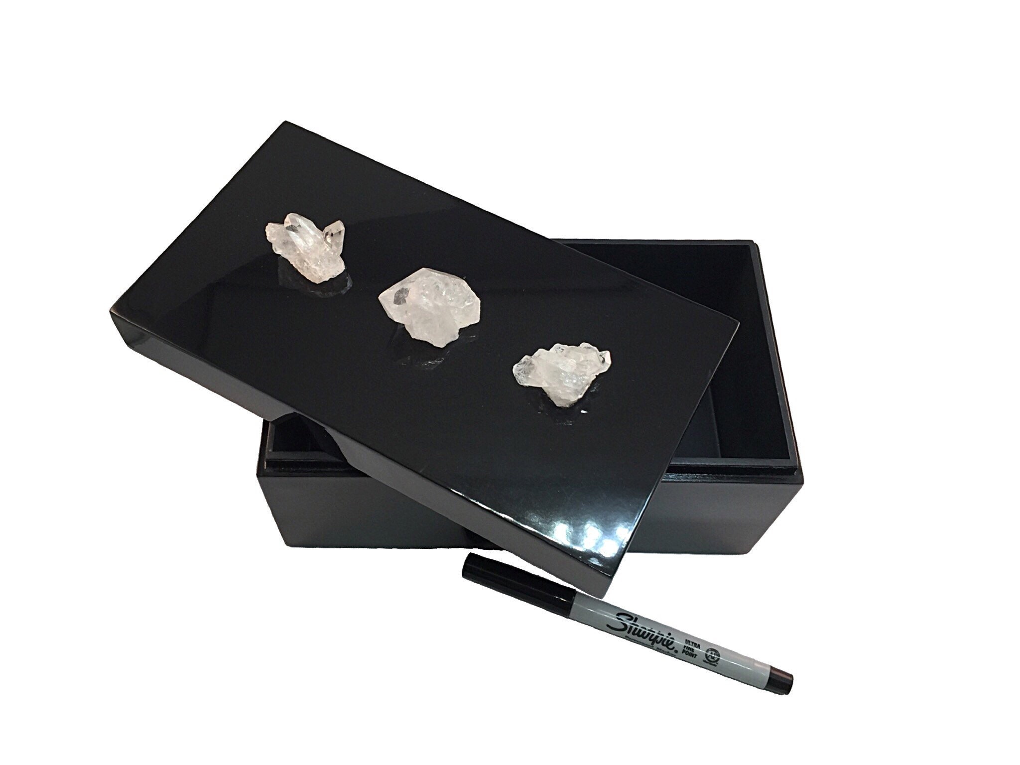 Black Lacquer Storage Box with three PERFECT Clear Quartz Crystal ...