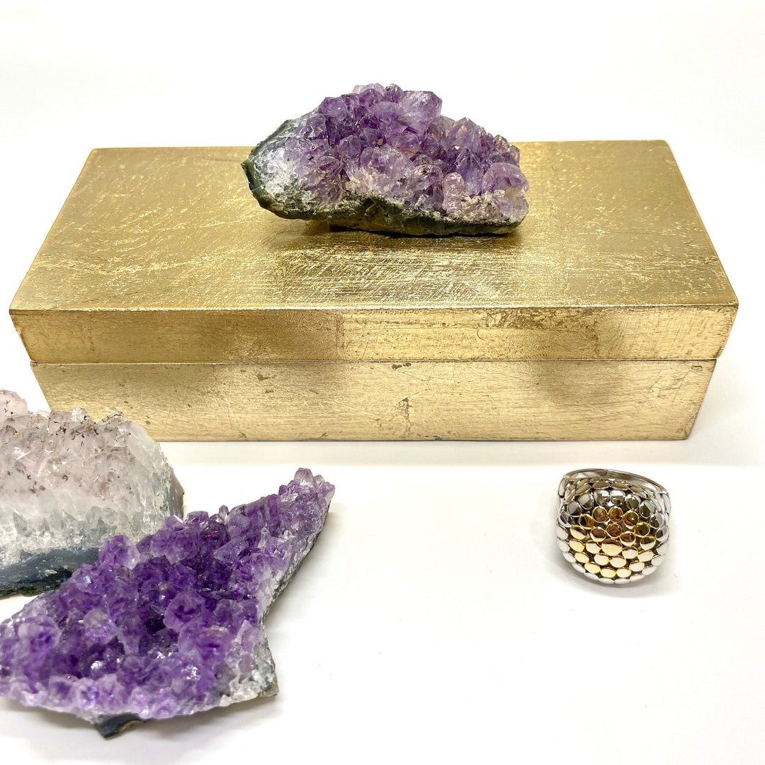 Gold Brushed Lacquer Box With Amethyst Cluster, Luxury Gift Box ...