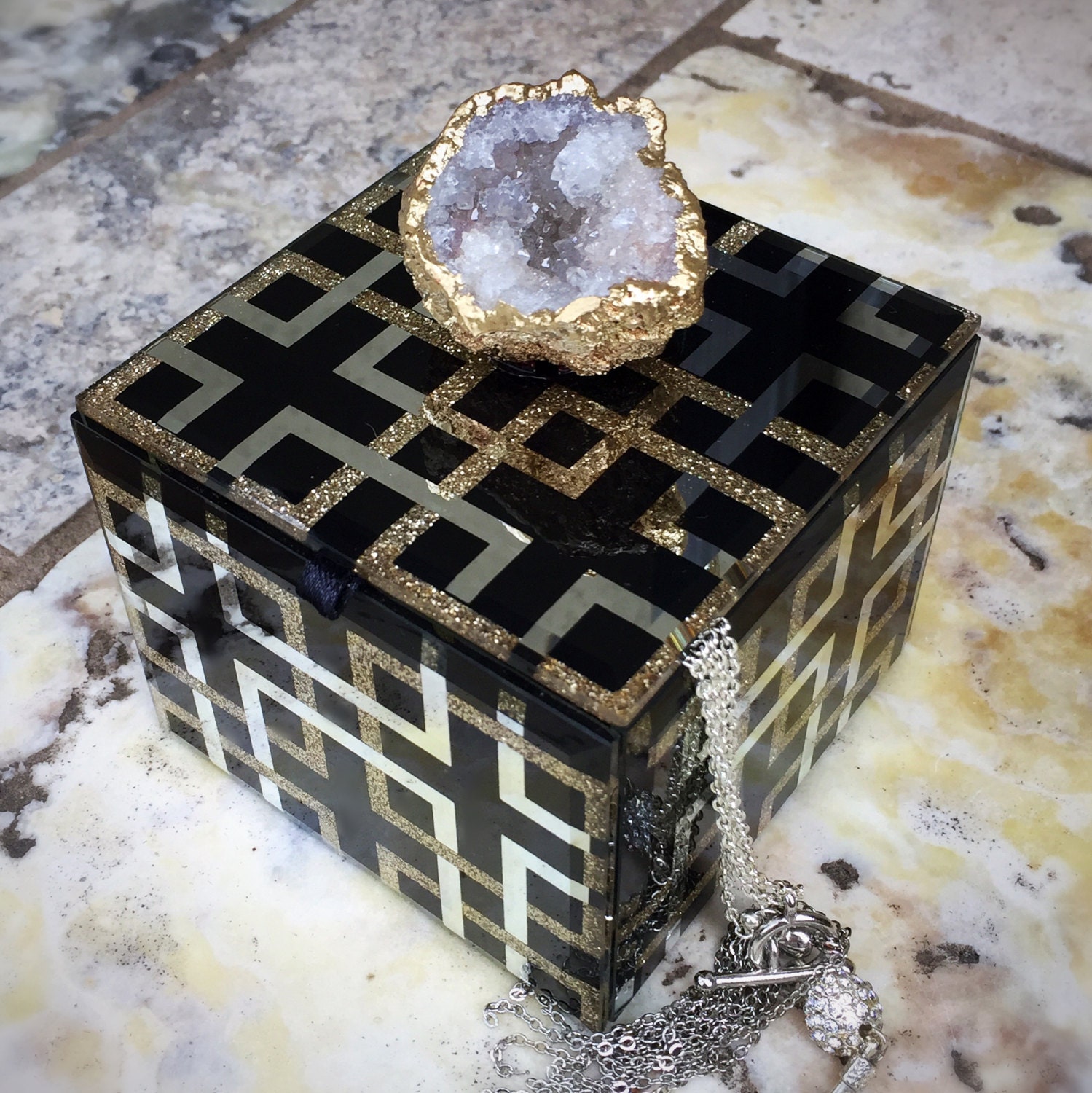 Black and Gold, Geometric Design Glass Box, White Geode Box,Black ...