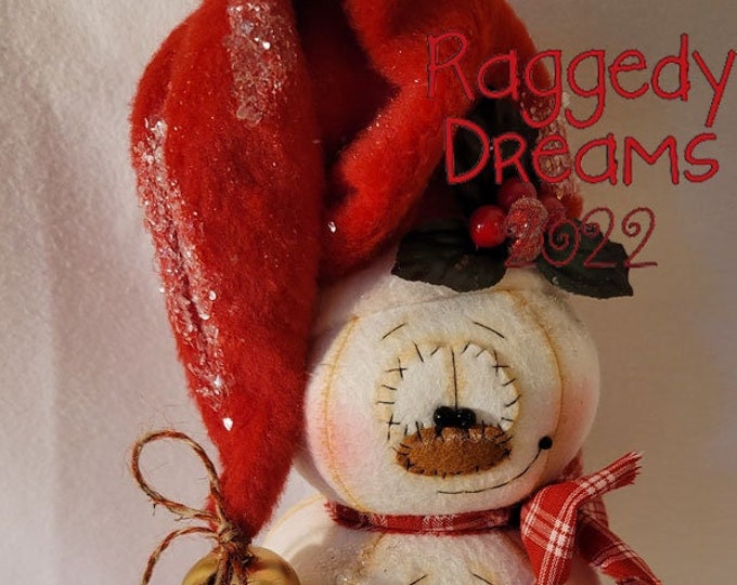 Handmade Primitive Folk Art Wool Felt Jolly Snowman Head Stack Red & White Homespun Ribbons Red ...