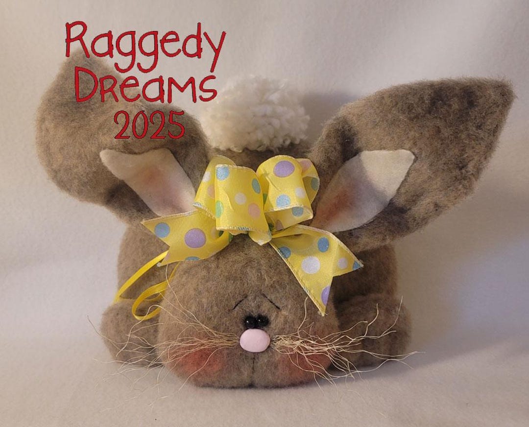 Handmade Raggedy Easter Bunny Rabbit Doll Grey Plush Felt Wool Tail ...