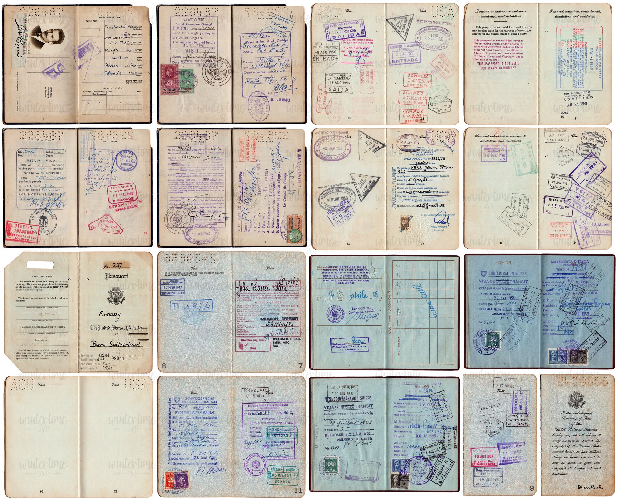 Printable Vintage Passport Pages With Stamps Ephemera - Etsy