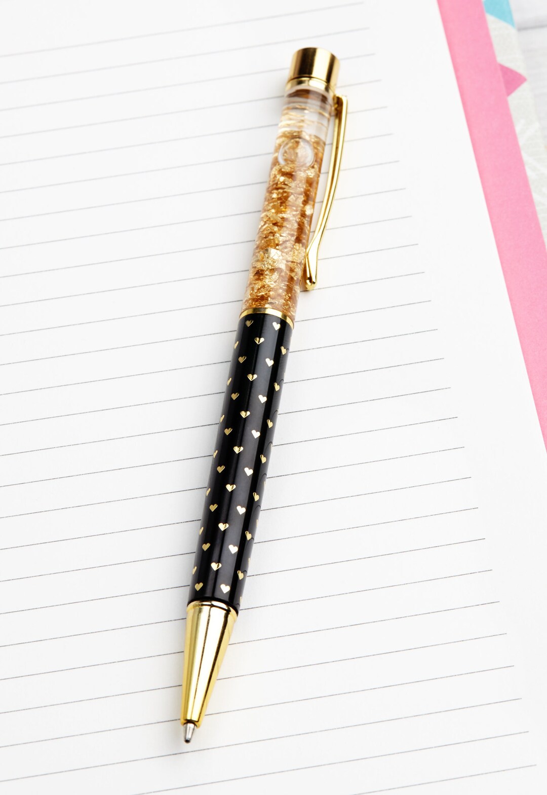 Gold Floating Foil Ballpoint Pen With Embossed Hearts, Black ...