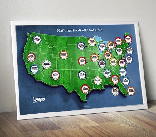 Pro Football Stadium Map Poster - Great Gift for Your Football Fan - Etsy