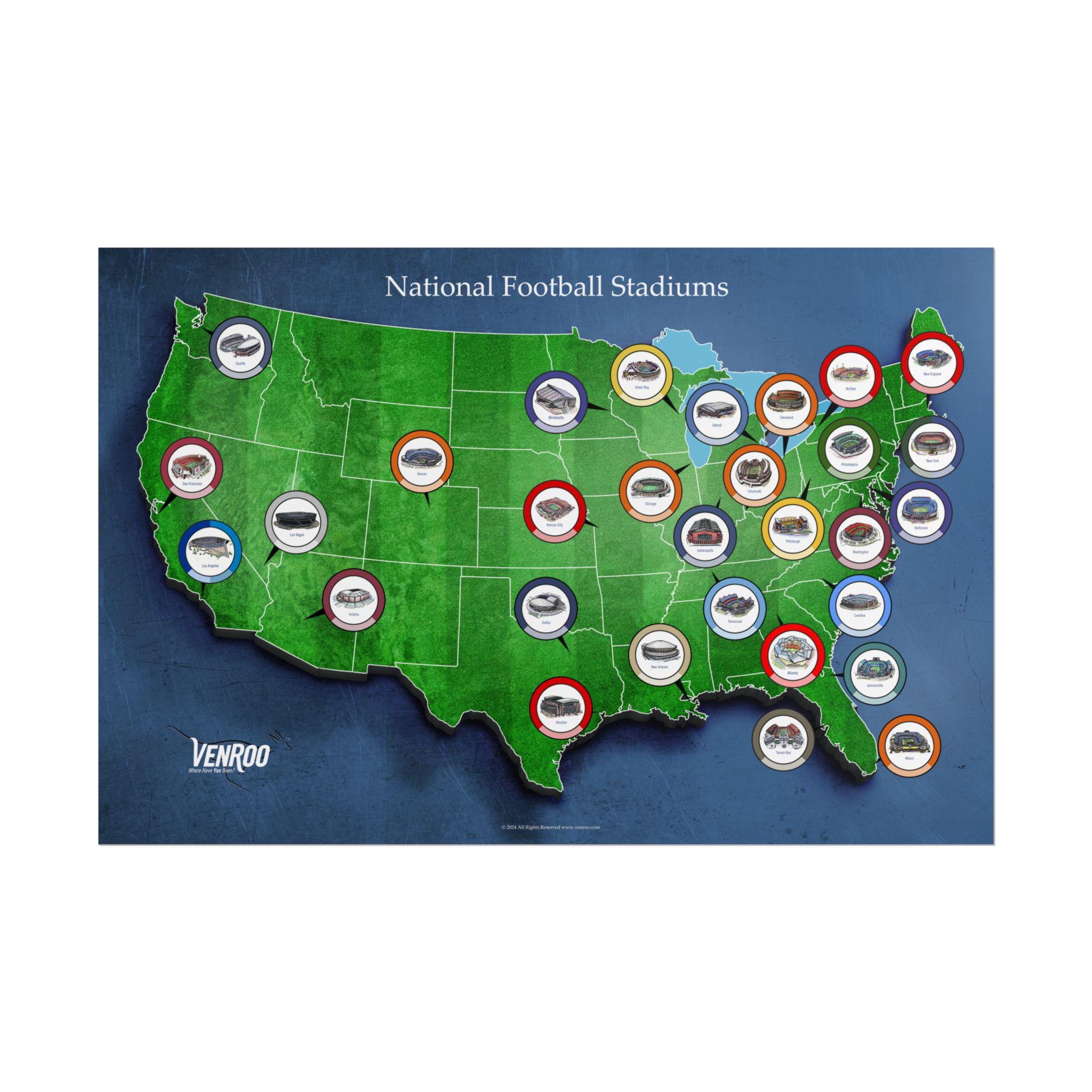 Pro Football Stadium Map Poster - Great Gift for Your Football Fan - Etsy