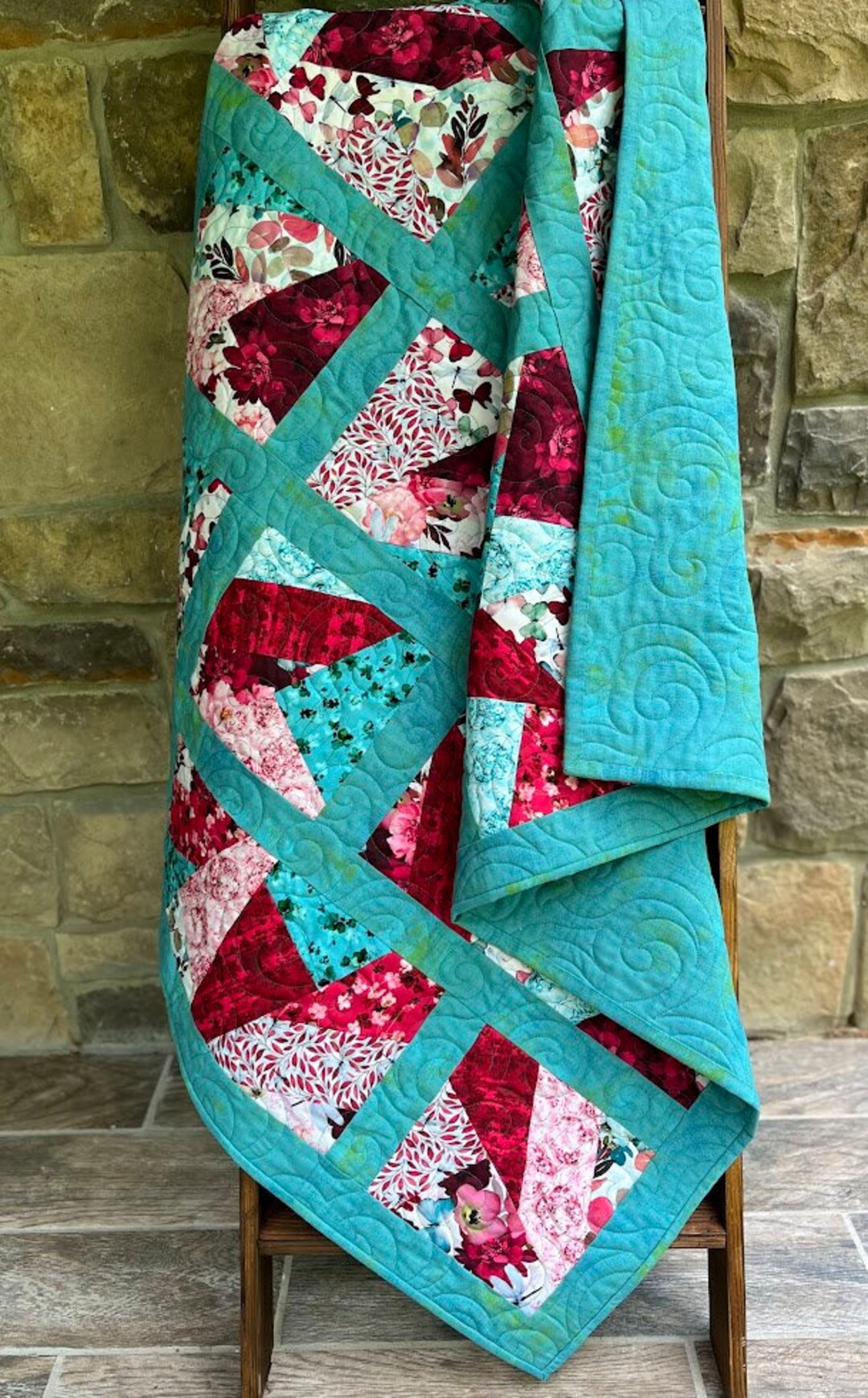 Modern Handmade Quilt Bold Floral Throw: One of a Kind Gift Birthday or ...