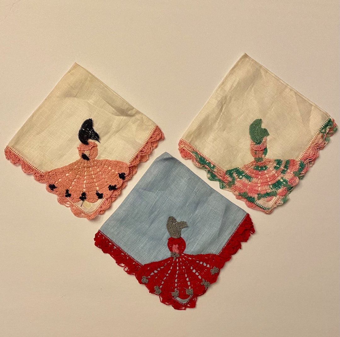 Set of (3) Vintage Irish Linen Handkerchiefs/hankies With Crochet Lady ...