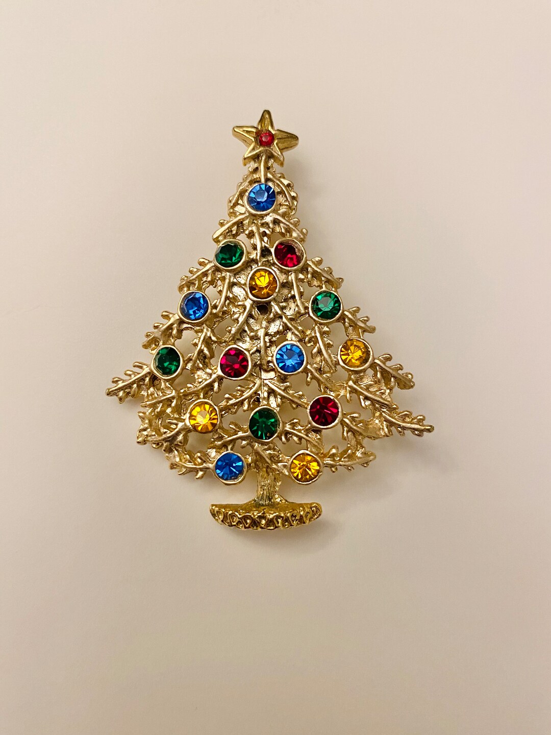 Vintage Gold Tone Christmas Tree Brooch/pin With Colorful Rhinestone ...